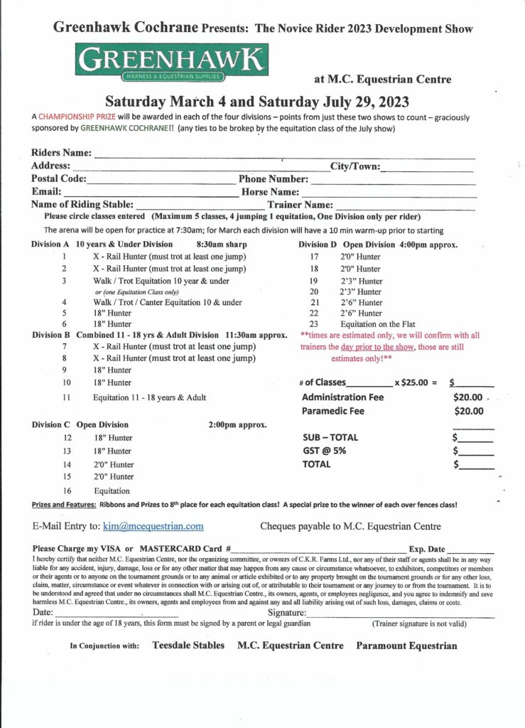 Show Entry Form Novice Rider Circuit – M.C. Equestrian Centre